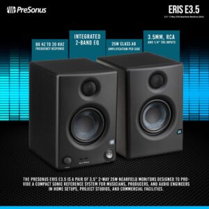 PreSonus Eris E3.5 3.5" 2-Way 25W Nearfield Monitors (Pair) with Acoustic Tuning Pair and Basic Accessory Bundle