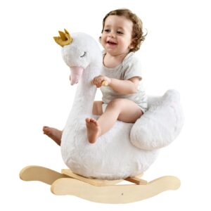 labebe - plush rocking horse wooden, baby riding animal white swan, kid ride on toy for 1-3 year old, girl&boy stuffed rocking animal outdoor, nursery/infant/child christmas or birthday gift