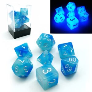 bescon gemini glowing polyhedral dice 7pcs set icy rocks, luminous rpg dice set d4 d6 d8 d10 d12 d20 d%, brick box packaging