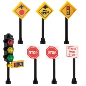 road signs & traffic lights building bricks play set toys living traffic toy signs for kids-building toys city street village, 7 piece educational learning gift