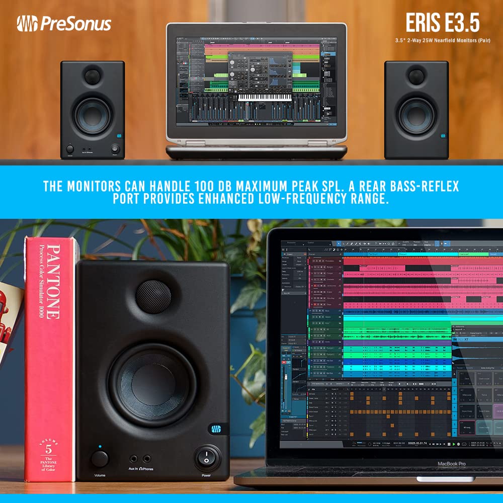 PreSonus Eris E3.5 3.5" 2-Way 25W Nearfield Monitors (Pair) with Acoustic Tuning Pair and Basic Accessory Bundle