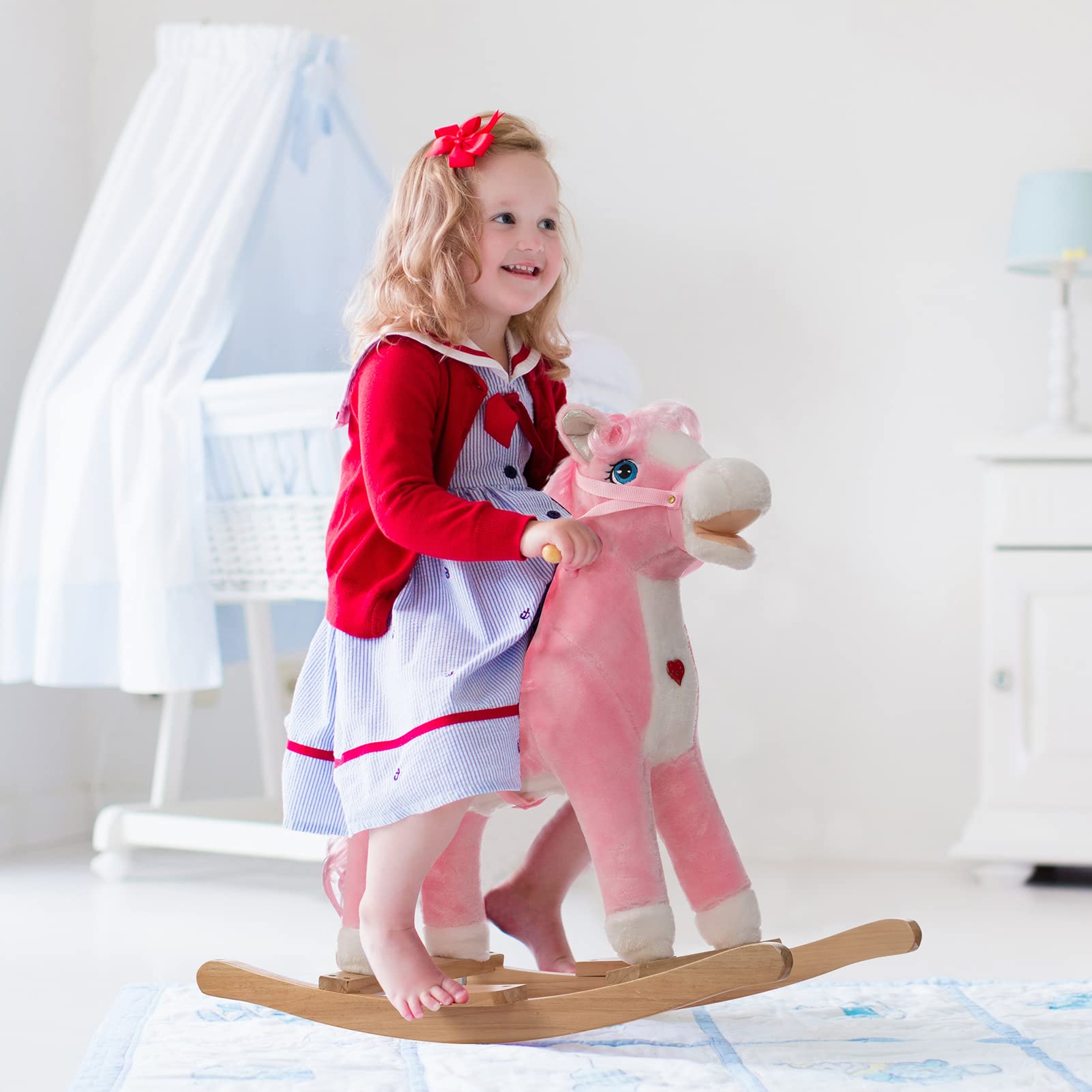 HollyHOME Child Princess Rocking Horse Riding Rocker with Sound Pretend Play Stuffed Animal Ride On Toy Pink