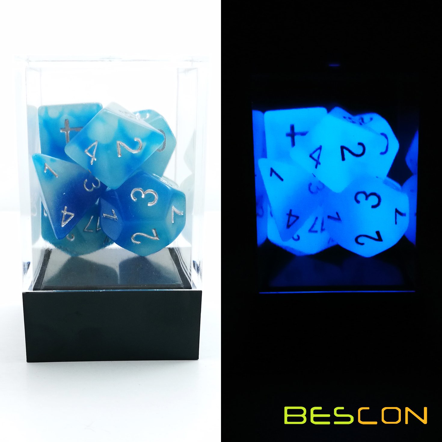 Bescon Gemini Glowing Polyhedral Dice 7pcs Set ICY Rocks, Luminous RPG Dice Set d4 d6 d8 d10 d12 d20 d%, Brick Box Packaging