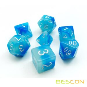 Bescon Gemini Glowing Polyhedral Dice 7pcs Set ICY Rocks, Luminous RPG Dice Set d4 d6 d8 d10 d12 d20 d%, Brick Box Packaging