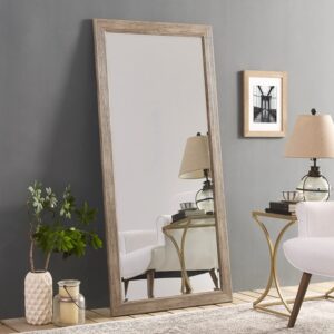 naomi home farmhouse full-length mirror with wood frame – rustic 66"x32" large floor mirror, elegant full body standing or wall mirror, rustic wood mirror full length for bedroom, warm grey finish