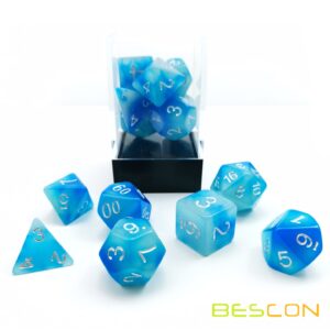 Bescon Gemini Glowing Polyhedral Dice 7pcs Set ICY Rocks, Luminous RPG Dice Set d4 d6 d8 d10 d12 d20 d%, Brick Box Packaging