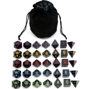 5 sets new black polyhedral dice with satin-lined velvet bag for dungeons and dragons dnd rpg mtg d20 d12 d10 d8 d6 d4