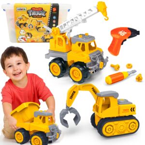 construction trucks take apart toys for kids age 3-5 toddlers set of 3 vehicles excavator, crane, dump truck toy with screwdriver and drill stem educational birthday gift for 2 3 4 5 year old boys