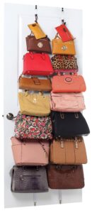 jokari heavy duty over the door 16 hook purse rack. self adjustable elastic straps with moveable metal chrome hooks to store, organize and display bags, scarves or hats and save closet storage space.