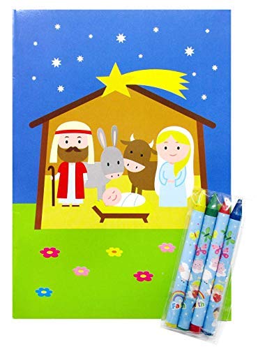 Tiny Mills Christian Religious Coloring Book Set for Kids with 12 Coloring Books and 48 Crayons Favor Bag Filler Sunday School VBS Rewards Basket Fillers Church Carnivals