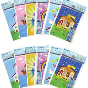 Tiny Mills Christian Religious Coloring Book Set for Kids with 12 Coloring Books and 48 Crayons Favor Bag Filler Sunday School VBS Rewards Basket Fillers Church Carnivals