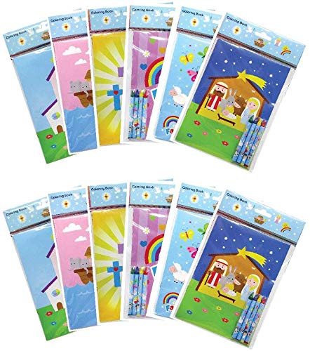 Tiny Mills Christian Religious Coloring Book Set for Kids with 12 Coloring Books and 48 Crayons Favor Bag Filler Sunday School VBS Rewards Basket Fillers Church Carnivals