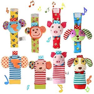 thinkmax wrist foot rattles for baby, 8 pcs soft animal wrist rattles and foot finder socks - elephant, monkey, piggy and puppy