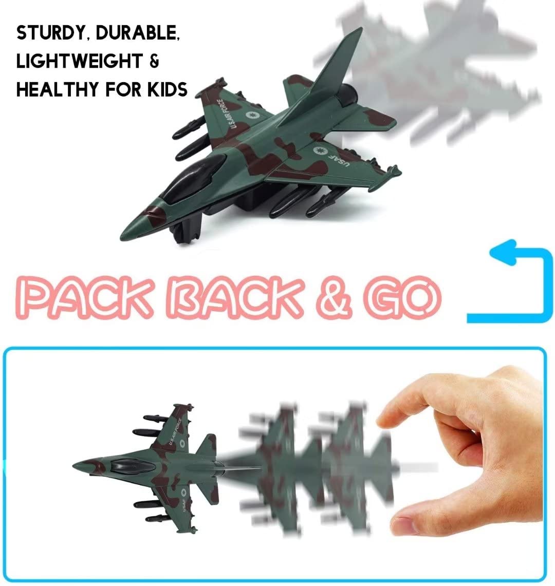 UiiQ Pull Back Airplane Toy Set Die Cast Metal Military Themed Fighter Jets, Good for Kids Toy Set Collection - 4 Pcs (Blue)