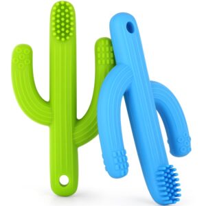 t.t.b baby toothbrush teether teething toothbrush toys soft silicone bristles for baby and infant (2pcs blue and green)