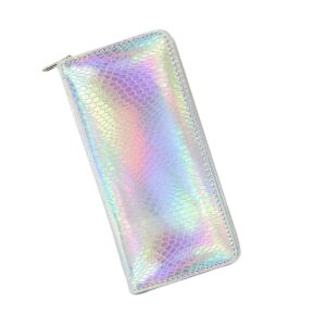 yairyangtze holographic wallet clutch - iridescent purse long wallet with zipper for women (silver)