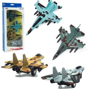 uiiq pull back airplane toy set die cast metal military themed fighter jets, good for kids toy set collection - 4 pcs (blue)