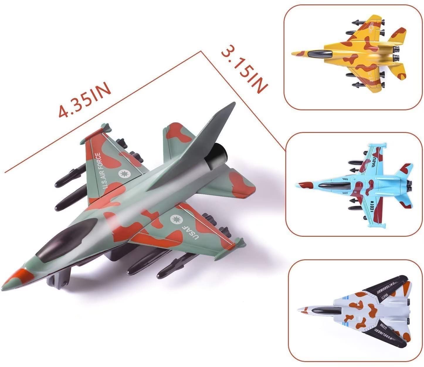 UiiQ Pull Back Airplane Toy Set Die Cast Metal Military Themed Fighter Jets, Good for Kids Toy Set Collection - 4 Pcs (Blue)