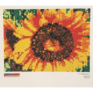 stick together sunflower sticker mosaic, perfect collaborative group project, for kids, adults, sticker by number, includes poster, stickers, color key, and instructions. project is 40” x 36”