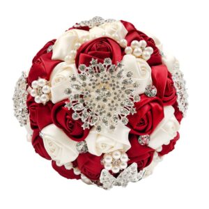 abbie home 8 inches bride wedding bouquet in burgundy - white satin roses with pearls rhinestone brooches accessories (burgundy&white)