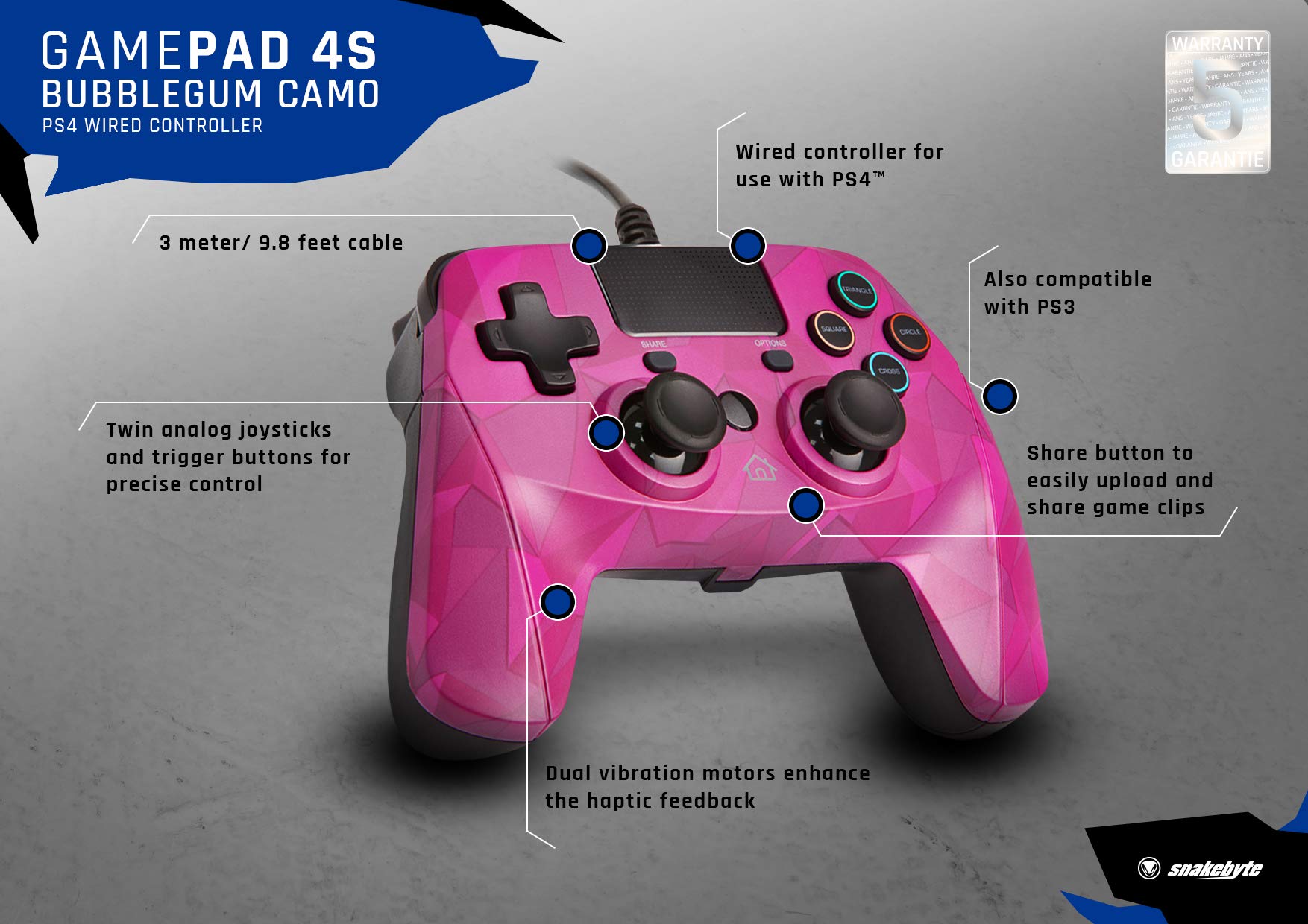 snakebyte GamePad S Wired (Bubblegum Camo) - compatible with PS4