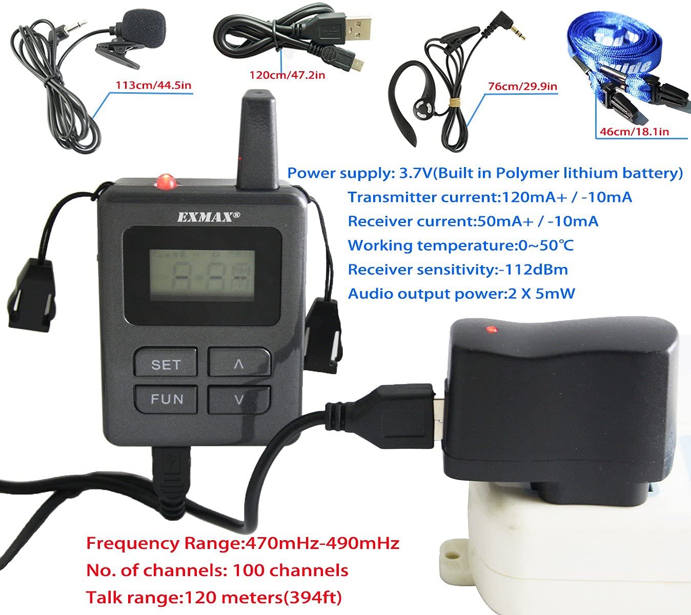 EXMAX ELGT-470 UHF Wireless Tour Guide Church Translation Equipment Voice Transmission 100 Channels Microphone Headset for Simultaneous Interpreting Interpretation Teaching(1 Transmitter 3 Receivers)