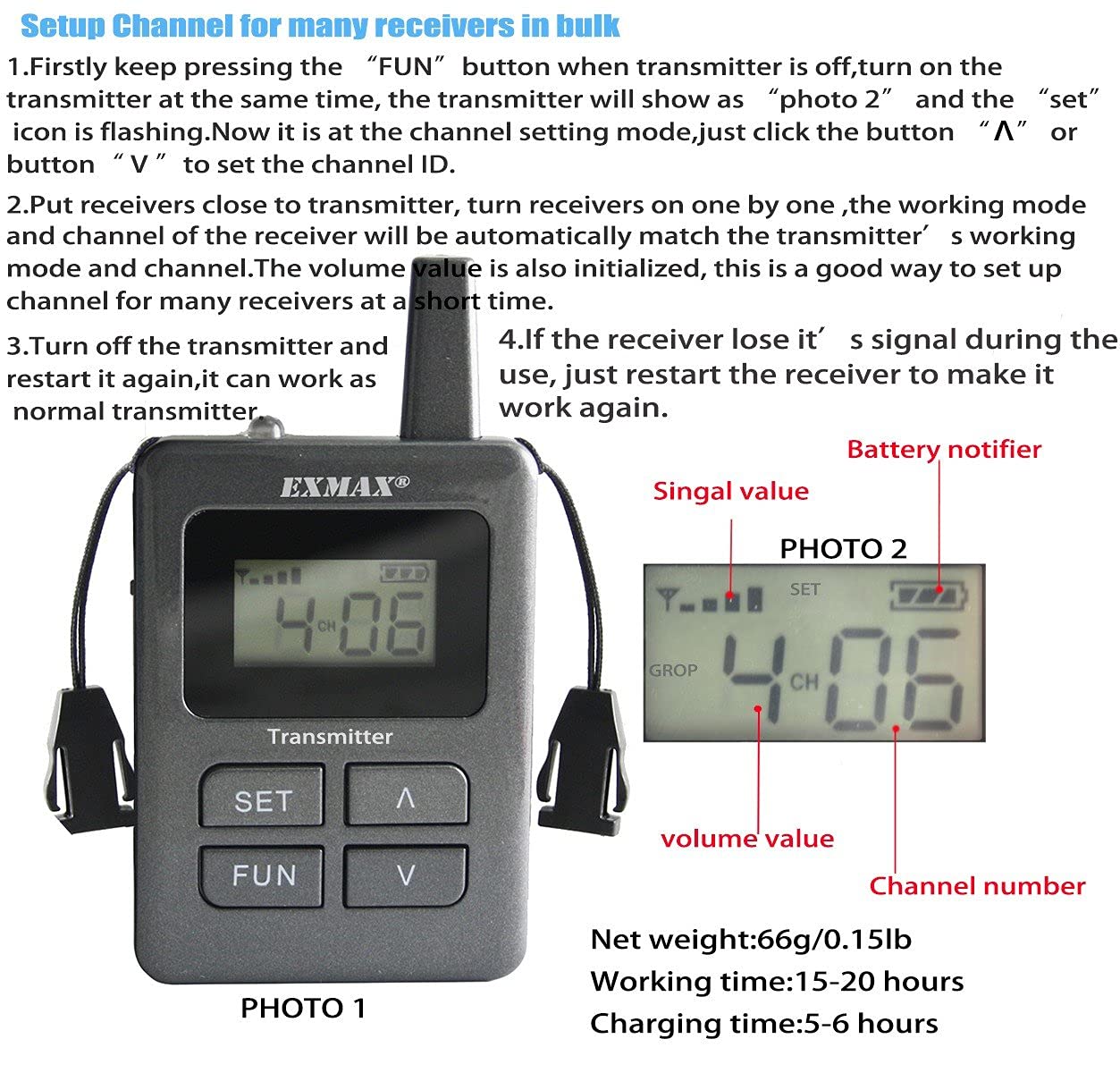 EXMAX ELGT-470 UHF Wireless Tour Guide Church Translation Equipment Voice Transmission 100 Channels Microphone Headset for Simultaneous Interpreting Interpretation Teaching(1 Transmitter 3 Receivers)