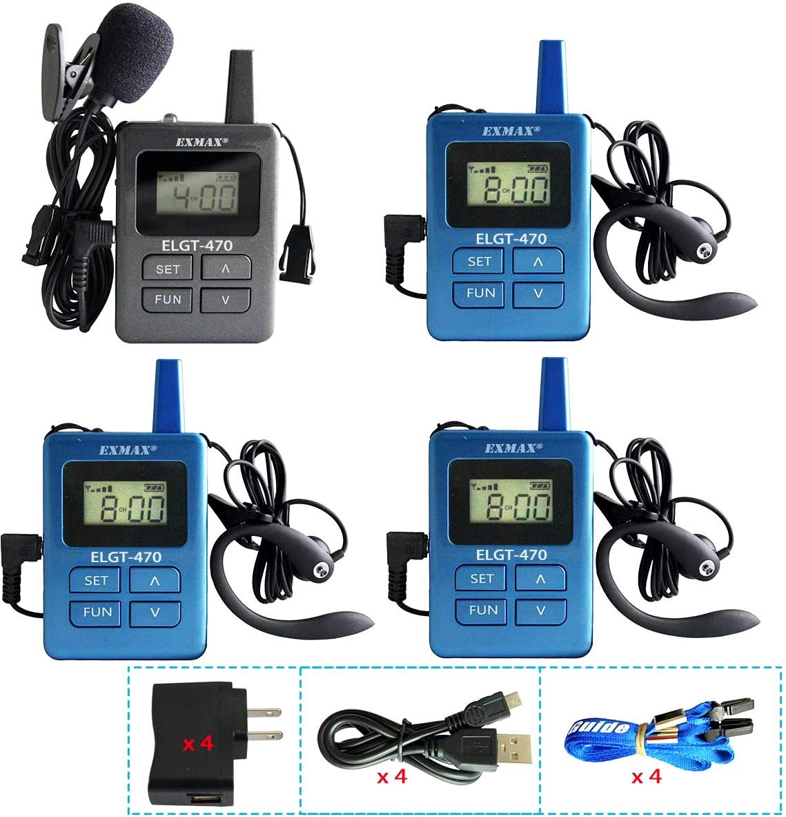 EXMAX ELGT-470 UHF Wireless Tour Guide Church Translation Equipment Voice Transmission 100 Channels Microphone Headset for Simultaneous Interpreting Interpretation Teaching(1 Transmitter 3 Receivers)