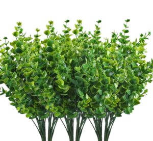 cattree artificial shrubs bushes, plastic eucalyptus leaves fake green plants wedding indoor outdoor home garden verandah kitchen office table centerpieces arrangements christmas decoration 6 pcs