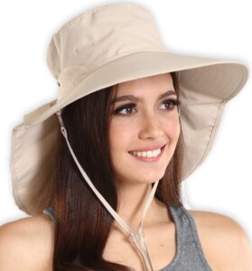 uv protection sun hat with neck flap & chin strap - packable & stylish wide brim summer hat for women. perfect for beach travels, hiking & outdoor adventures. moisture wicking & breathable mesh