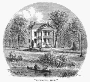 new york mansion 1760 nrichmond hill built 1760 at the corner of varick and charlton streets for some time general george washingtons headquarters later the country home of aaron burr wood engraving 1