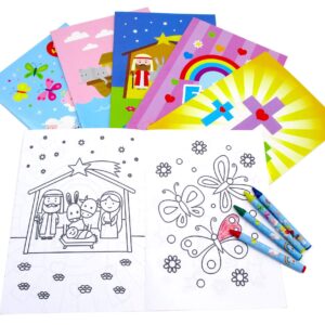 Tiny Mills Christian Religious Coloring Book Set for Kids with 12 Coloring Books and 48 Crayons Favor Bag Filler Sunday School VBS Rewards Basket Fillers Church Carnivals