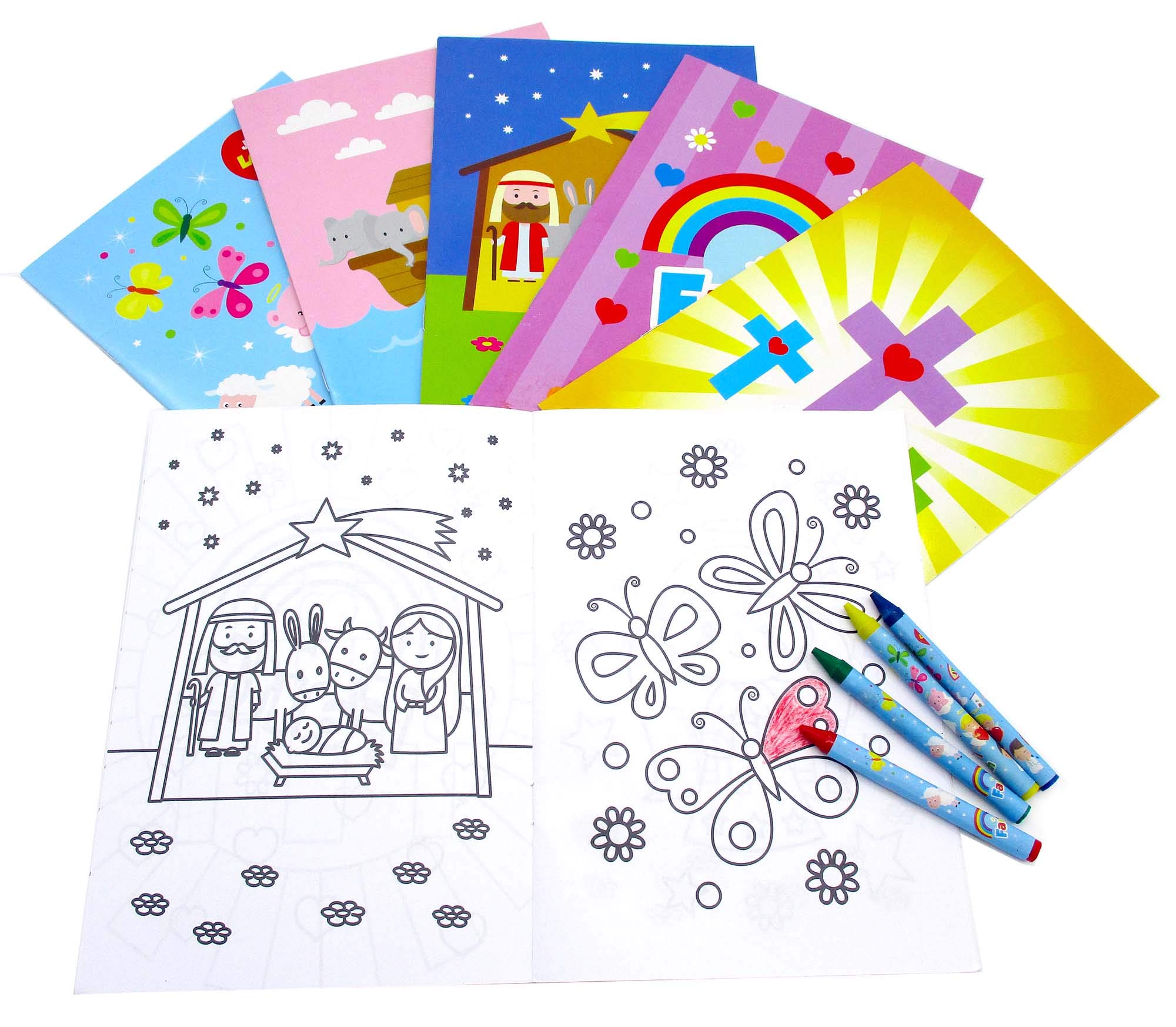 Tiny Mills Christian Religious Coloring Book Set for Kids with 12 Coloring Books and 48 Crayons Favor Bag Filler Sunday School VBS Rewards Basket Fillers Church Carnivals