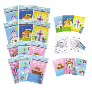 tiny mills christian religious coloring book set for kids with 12 coloring books and 48 crayons favor bag filler sunday school vbs rewards basket fillers church carnivals