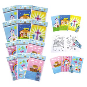 Tiny Mills Christian Religious Coloring Book Set for Kids with 12 Coloring Books and 48 Crayons Favor Bag Filler Sunday School VBS Rewards Basket Fillers Church Carnivals