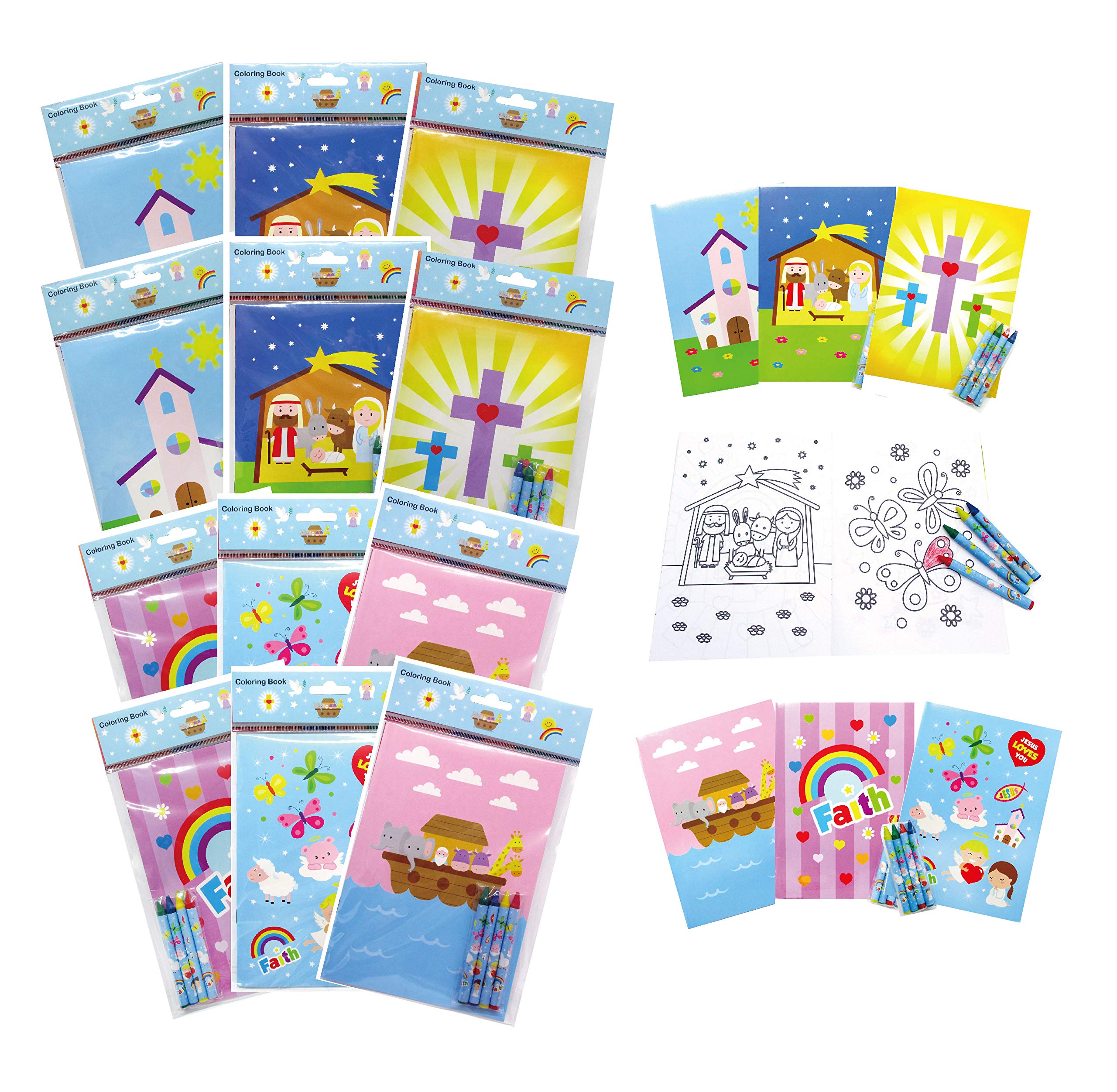 Tiny Mills Christian Religious Coloring Book Set for Kids with 12 Coloring Books and 48 Crayons Favor Bag Filler Sunday School VBS Rewards Basket Fillers Church Carnivals