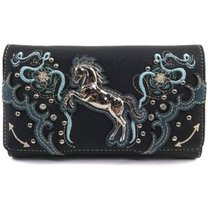 justin west horse floral embroidered studded ccw concealed carry shoulder purse handbag (black purse wallet set)