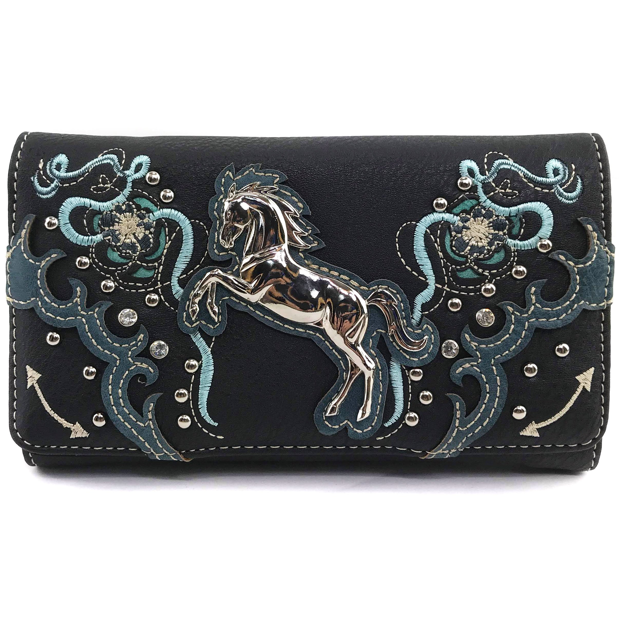 Justin West Horse Floral Embroidered Studded CCW Concealed Carry Shoulder Purse Handbag (Black Purse Wallet Set)