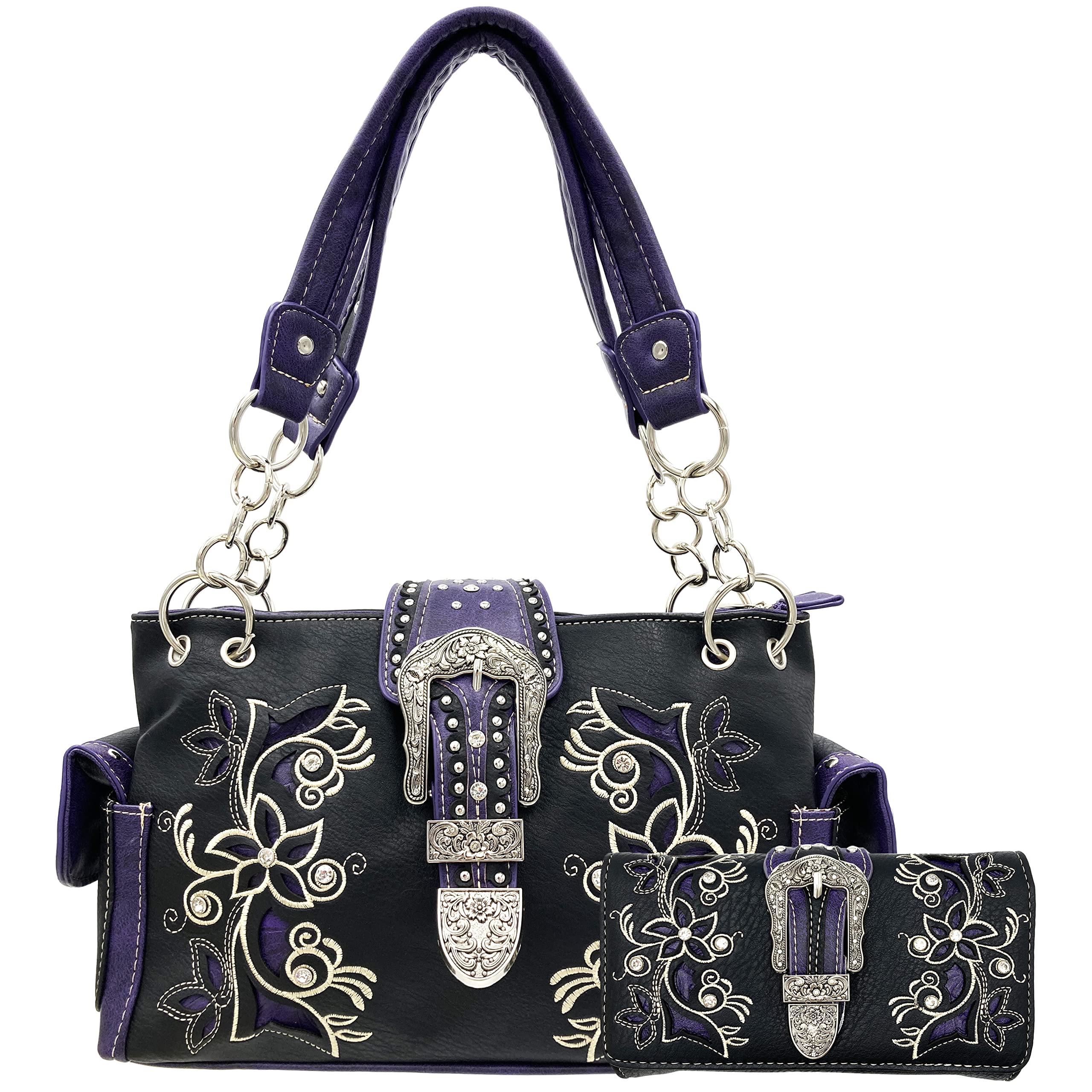 Justin West Concealed Carry Western Tritone Fringe Weaving Buckle Longhorn Star Turquoise Embroidered Laser Cut Handbag Purse CrossBody Messenger Trifold Wallet (Purple Handbag & Wallet Set)