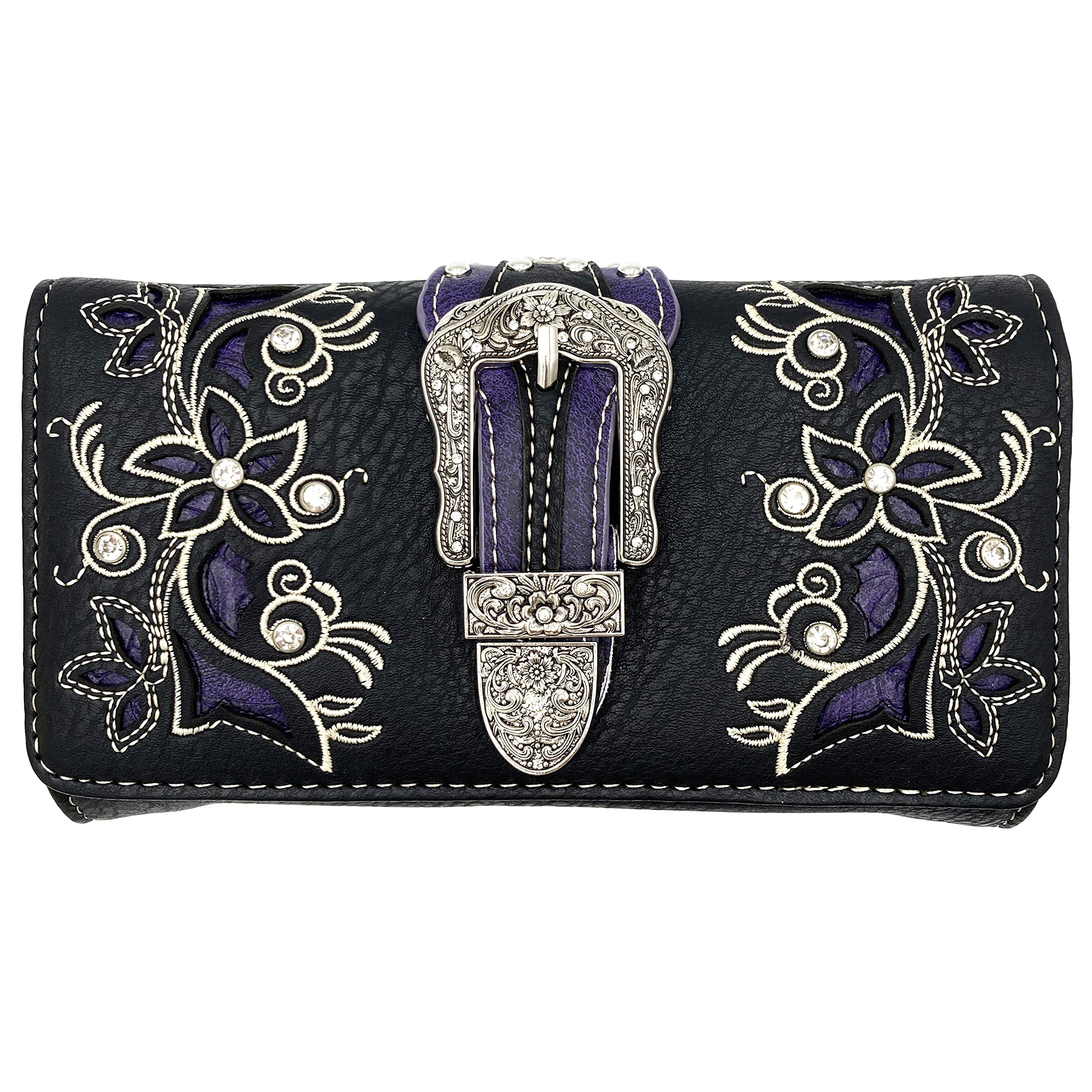 Justin West Concealed Carry Western Tritone Fringe Weaving Buckle Longhorn Star Turquoise Embroidered Laser Cut Handbag Purse CrossBody Messenger Trifold Wallet (Purple Handbag & Wallet Set)