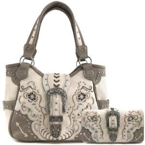 justin west buckle floral embroidered studded ccw concealed carry shoulder purse handbag (beige purse wallet set)