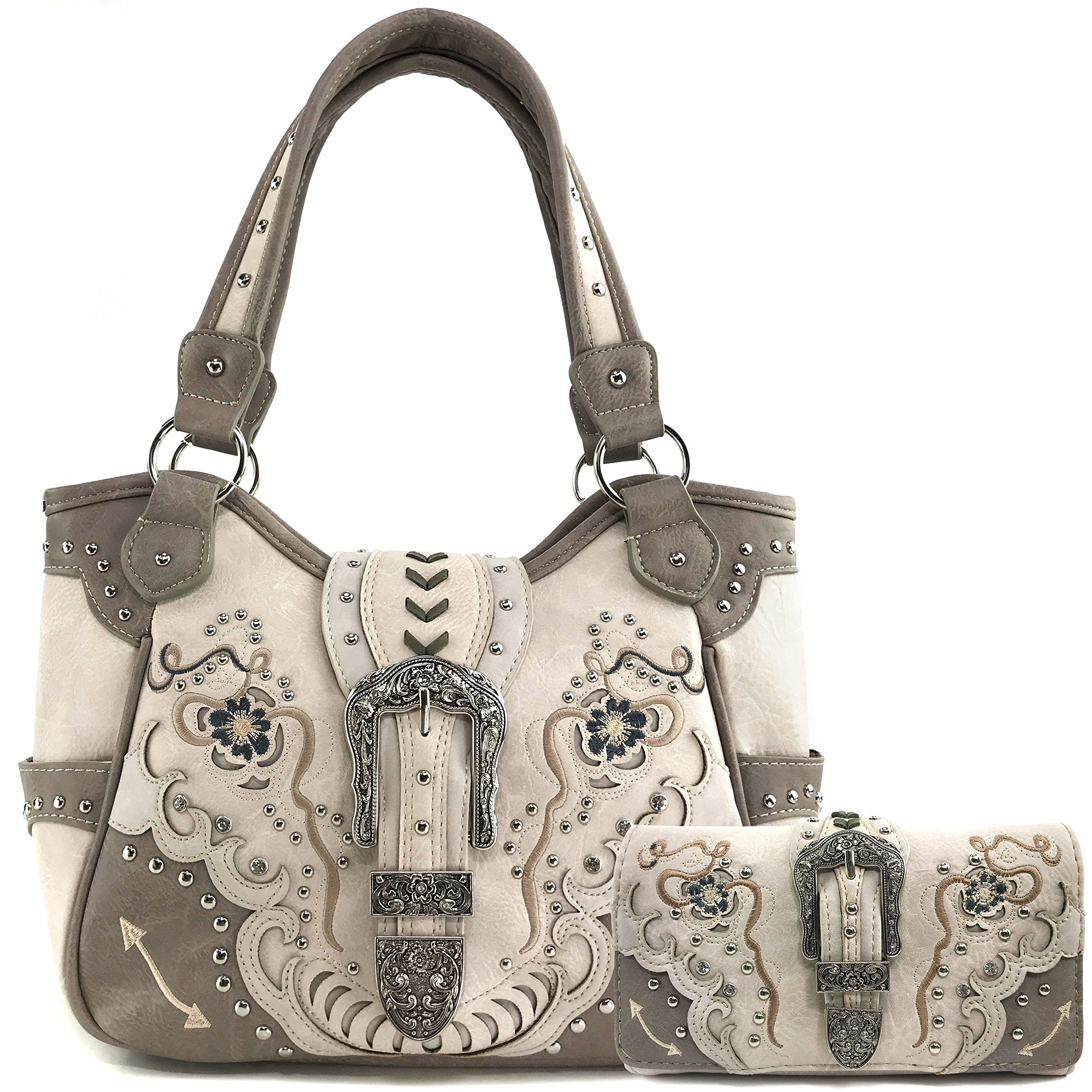 Justin West Buckle Floral Embroidered Studded CCW Concealed Carry Shoulder Purse Handbag (Beige Purse Wallet Set)