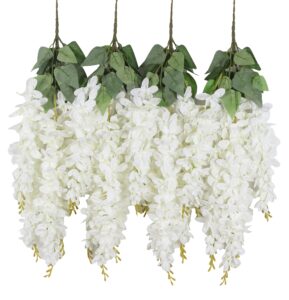 duovlo silk wisteria flower artificial 2.13 feet hanging wisteria vine fake flower bush string home party wedding decoration,pack of 4（white）