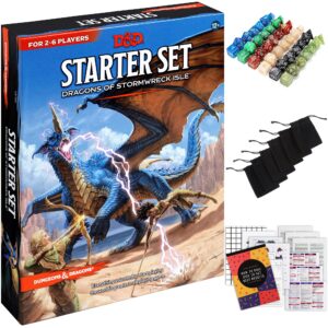 dungeons and dragons starter set - 6th edition, dragons of stormwreck isle - extra 6 dice sets, flannel bags, master screen, new heroes - d&d board game includes printable materials