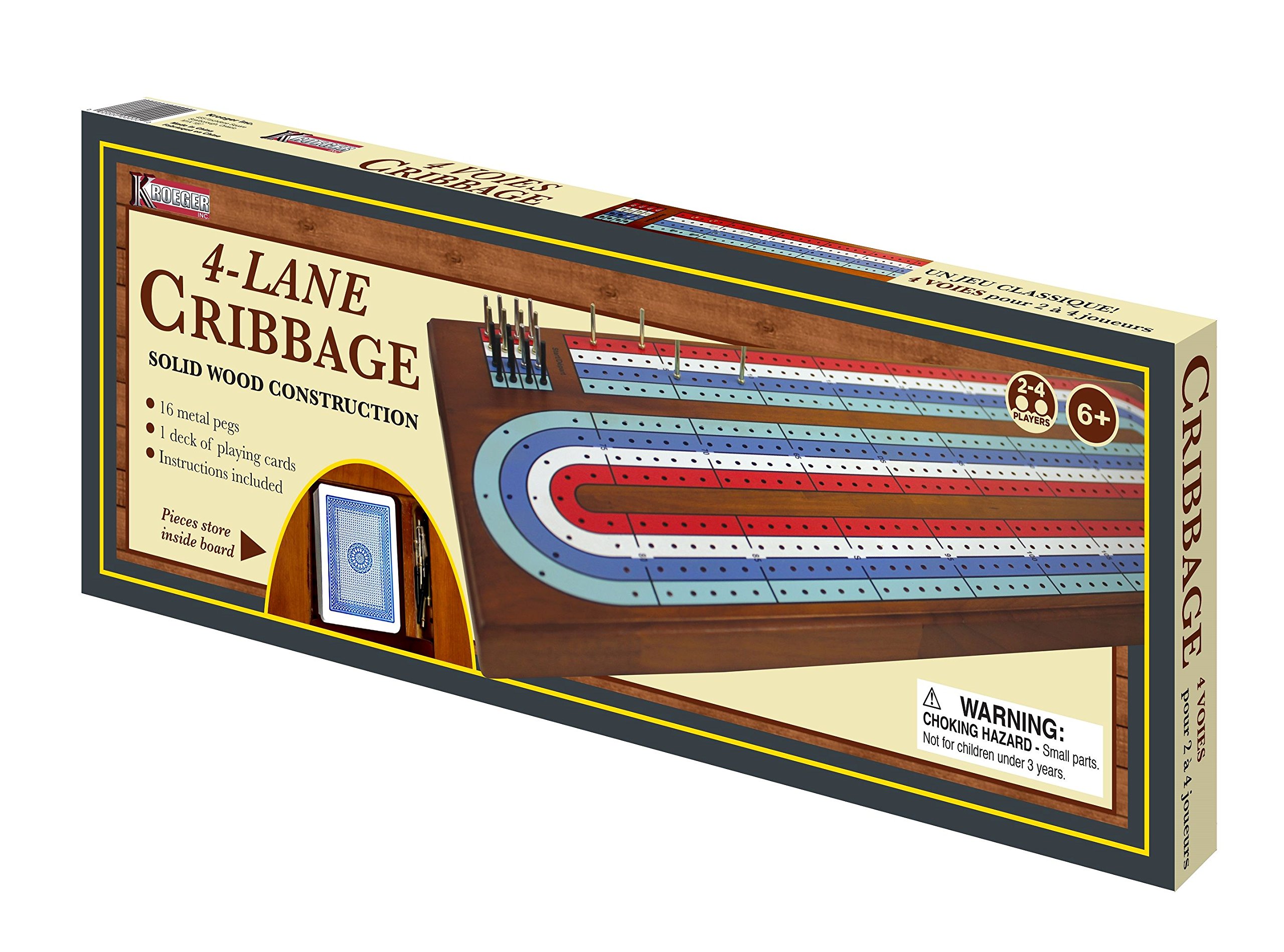 Kroeger 4-Track Wooden Cribbage Board Set with Playing Cards & Pegs | Family Card Game for Kids, Adults, Friends