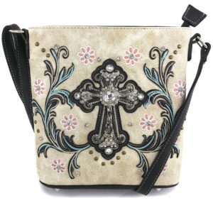 justin west rhinestone cross summer flower embroidery ccw concealed carry shoulder purse handbag (brown purse only)