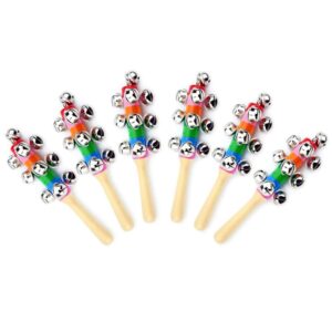 zeavola 6pcs wooden jingle hand bells,rainbow handle wooden bells jingle stick shaker rattle baby kids children musical toys