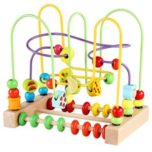 qzmtoy wooden toys for toddlers, bead maze toy for toddlers with colorful animals fruits shapes, educational counting learning circle toys for kids, classic gifts for boys girls baby