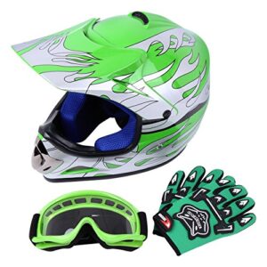 sange dot youth kids offroad helmet motocross helmet dirt bike atv motorcycle helmet gloves goggles compliant with fmvss 218(green, large)