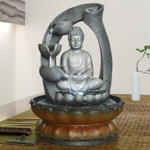 peterivan buddha fountain - 11in buddha tabletop water fountain for home&office decoration, decorative sculpture with led light&circular water flow for good luck keeping (grey, 11inch)